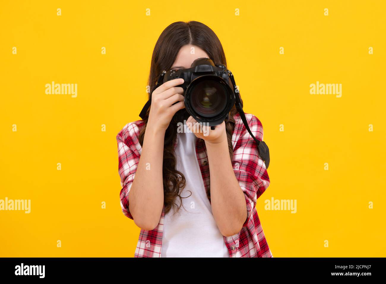 Teenager lifestyle, teen hipster hold professional camera. Girl with ...