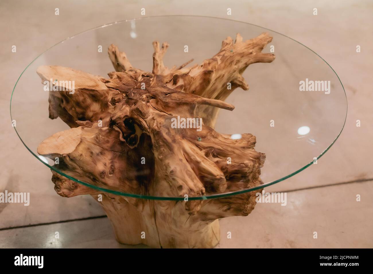 Handmade wood table made of the dry root of the tree and round glass ...