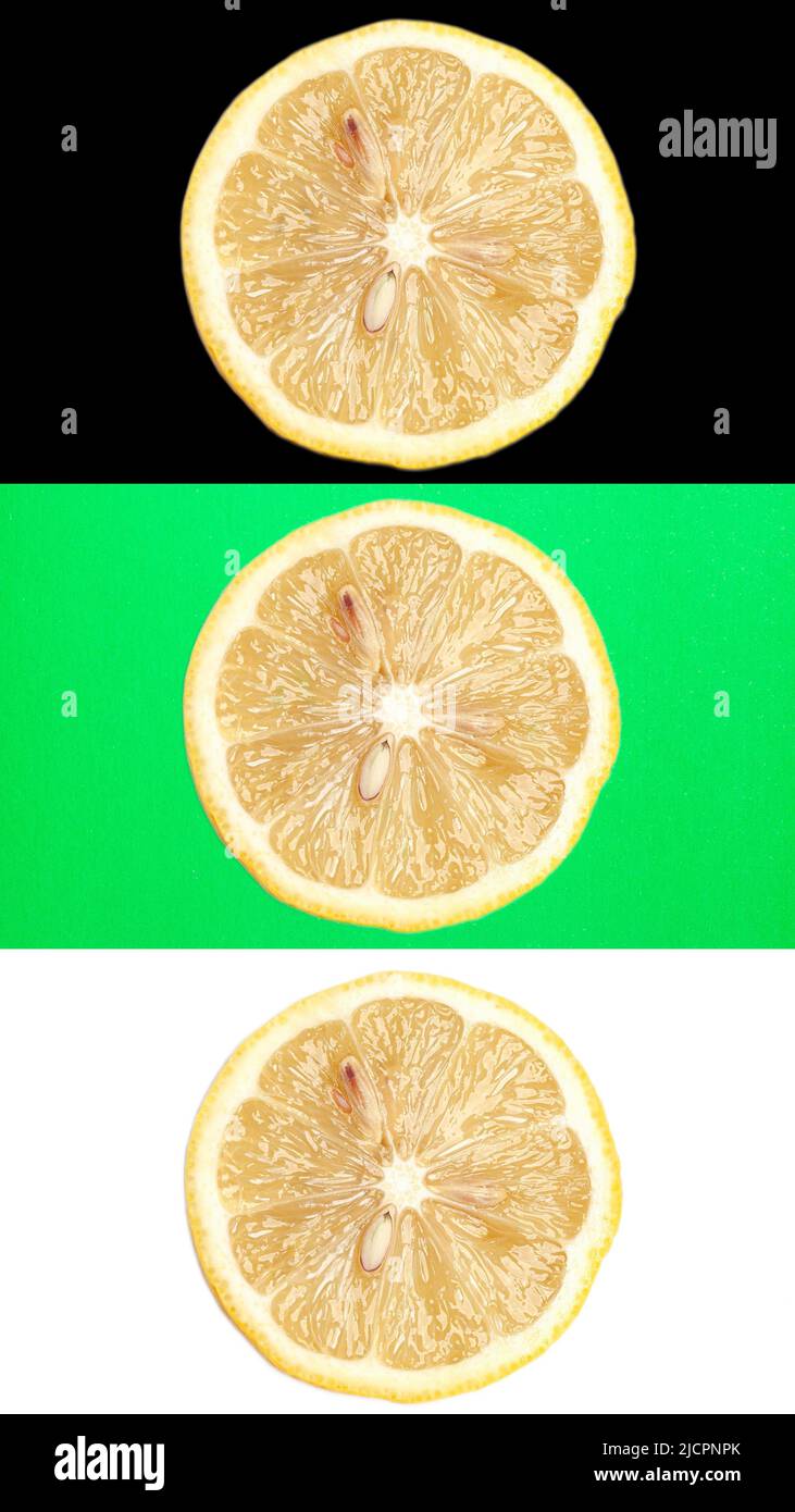Collage with lemon slice, isolated on black, white, chroma key ...