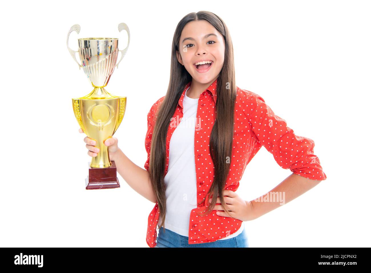 Teenage girl holding a trophy. Kid winner child won the competition ...