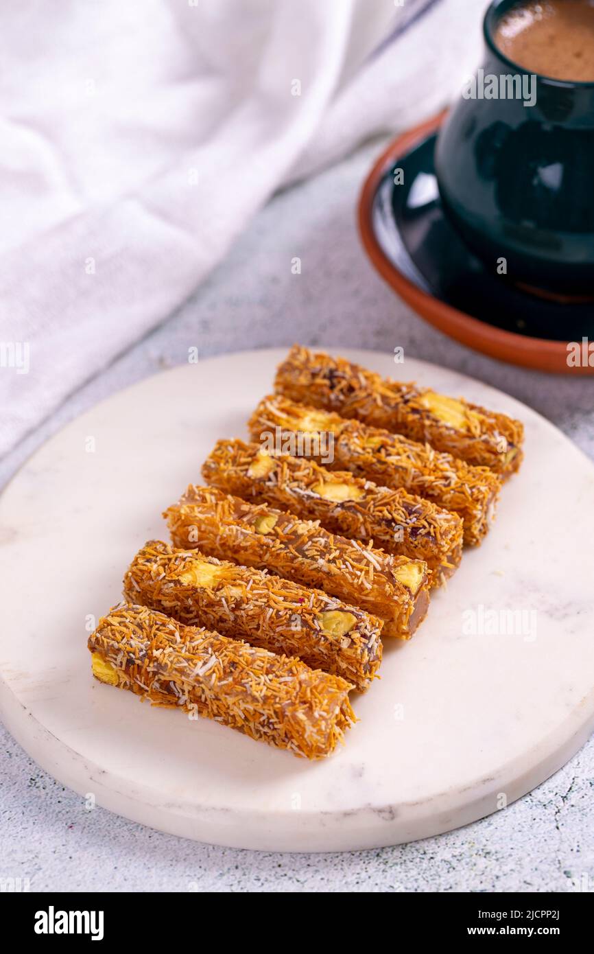 Turkish Delight with Pistachio. Turkish delight with kadayif on a ...