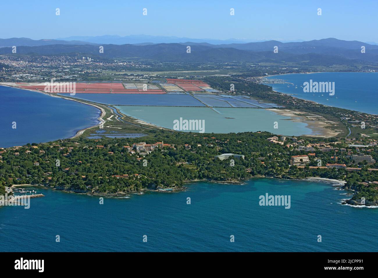 France, Var, Hyères, the Giens peninsula, and its port (aerial photo ...
