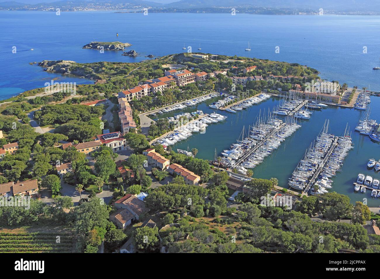 France, Var, Embiez Island, the largest island and its port, opposite ...