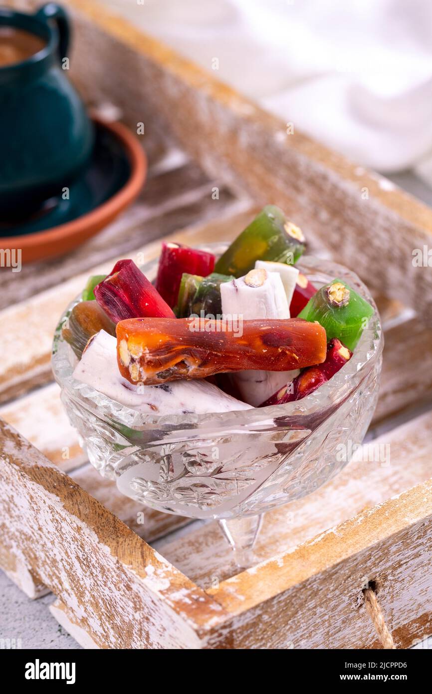Turkish delight varieties in glass bowls. Traditional Turkish ...