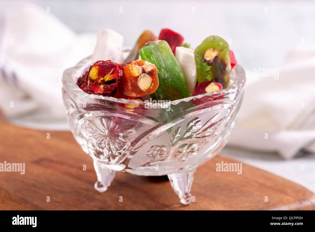 Turkish delight varieties in glass bowls. Traditional Turkish ...