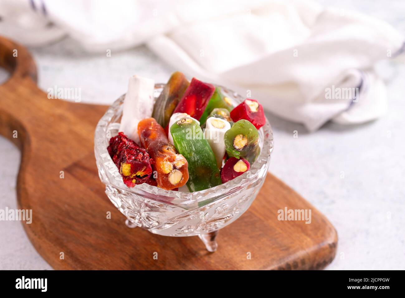 Turkish delight varieties in glass bowls. Traditional Turkish ...