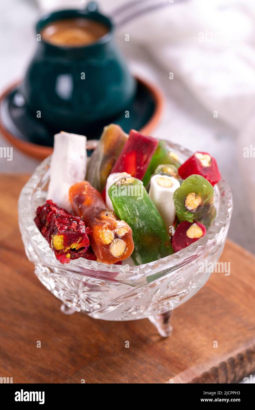 Turkish delight varieties in glass bowls. Traditional Turkish ...