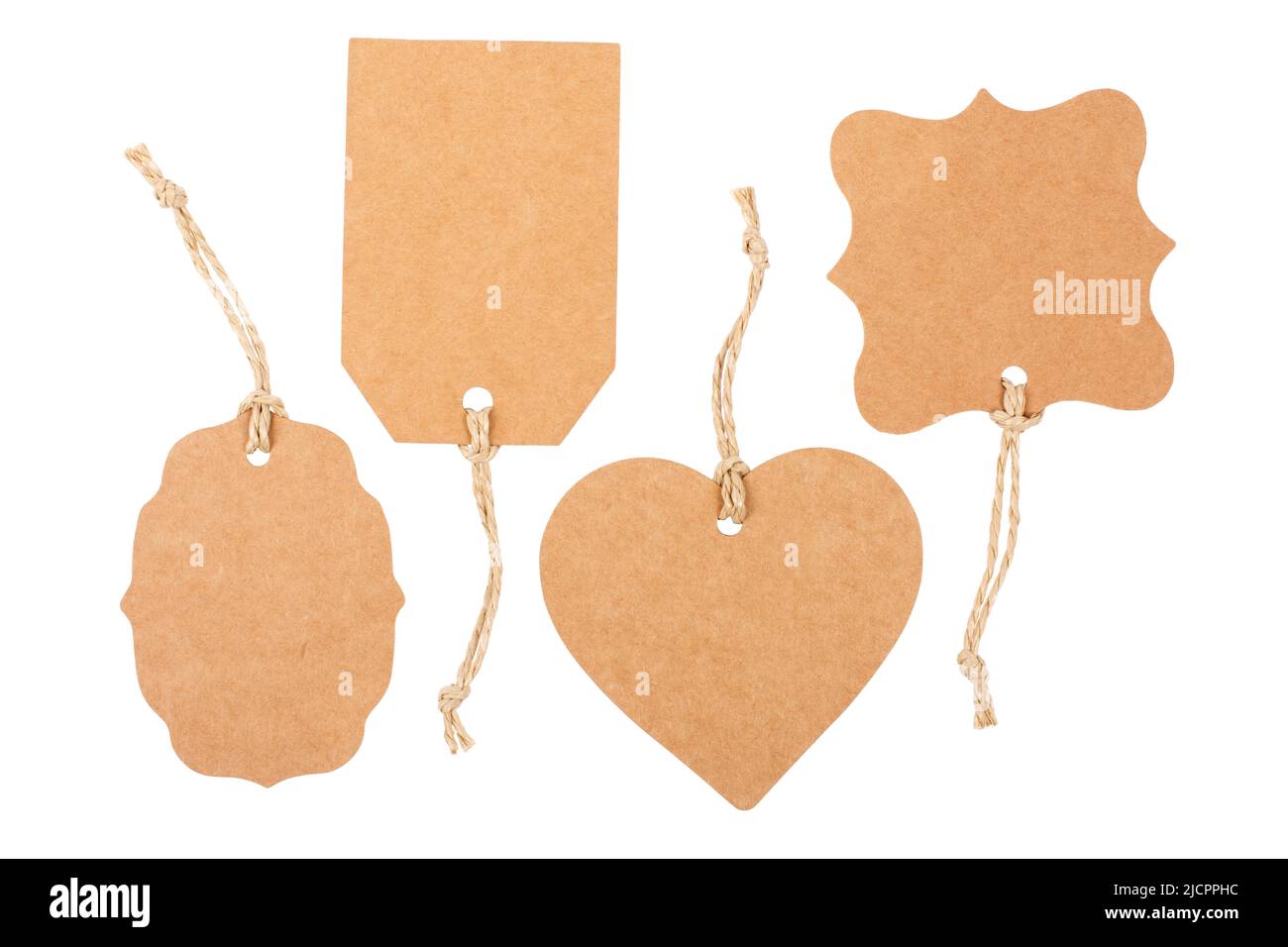 Brown paper label tags with rope isolated on white background Stock ...