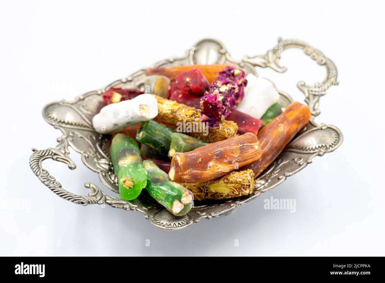 Turkish delight varieties in an iron bowl. Traditional Turkish ...