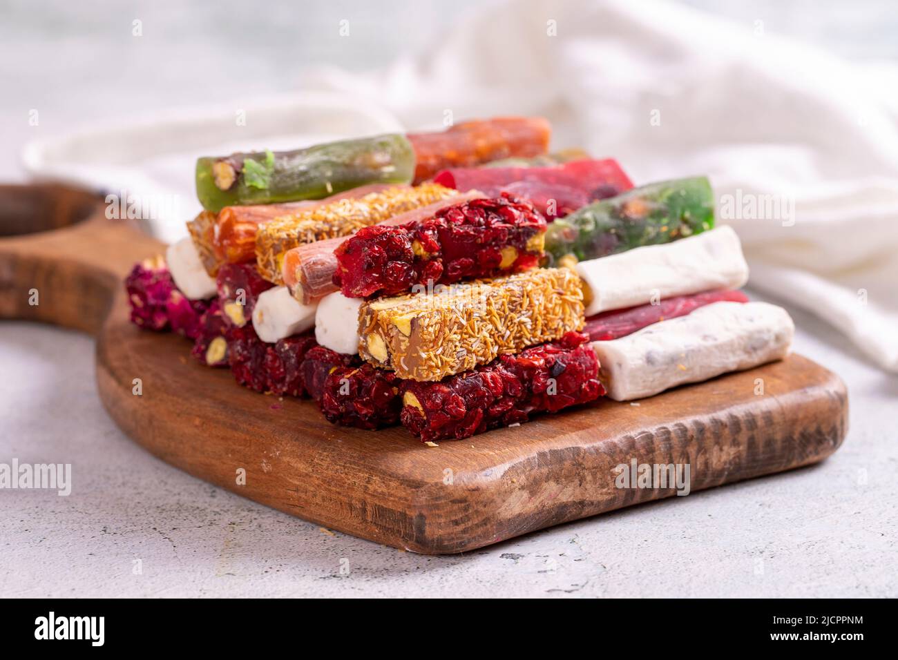 Turkish delight varieties on a concrete floor. Traditional Turkish ...