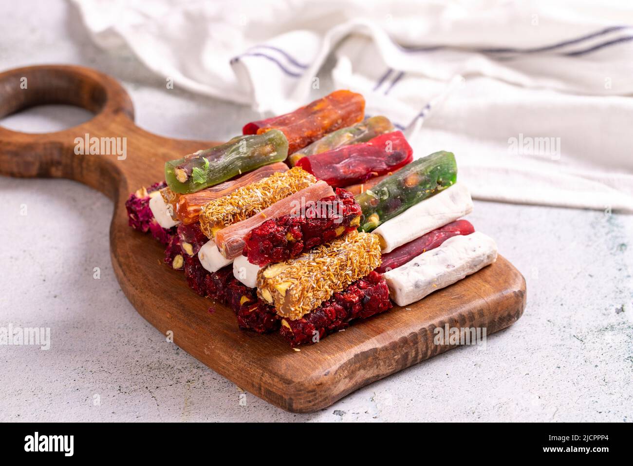 Turkish delight varieties on a concrete floor. Traditional Turkish ...