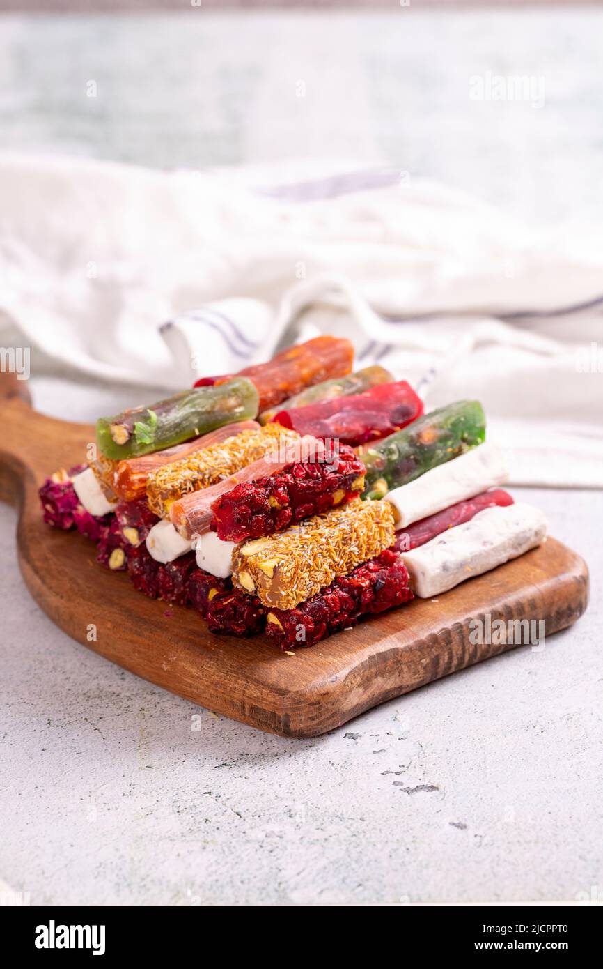 Turkish delight varieties on a concrete floor. Traditional Turkish ...