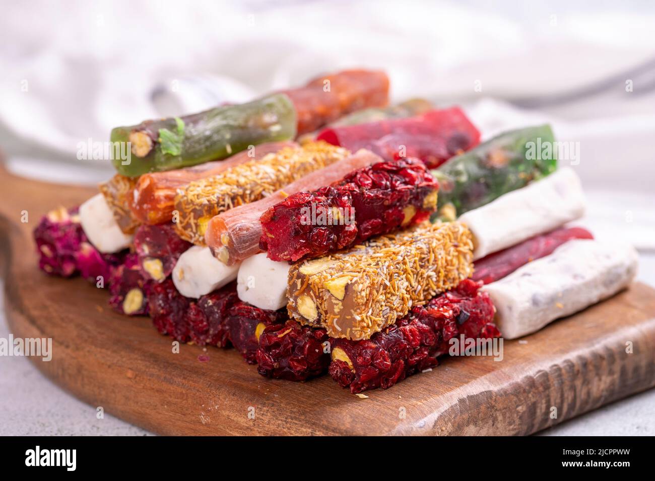 Turkish delight varieties on a concrete floor. Traditional Turkish ...