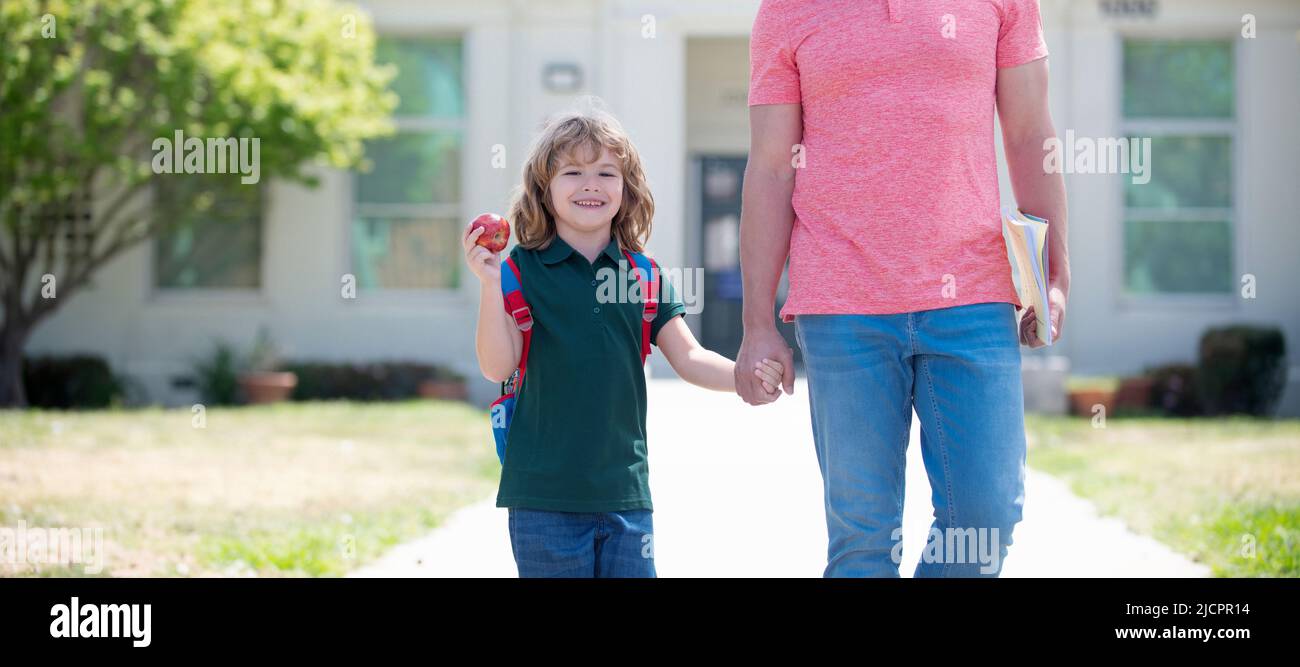 Banner of child back to school, education. first day at school. father ...