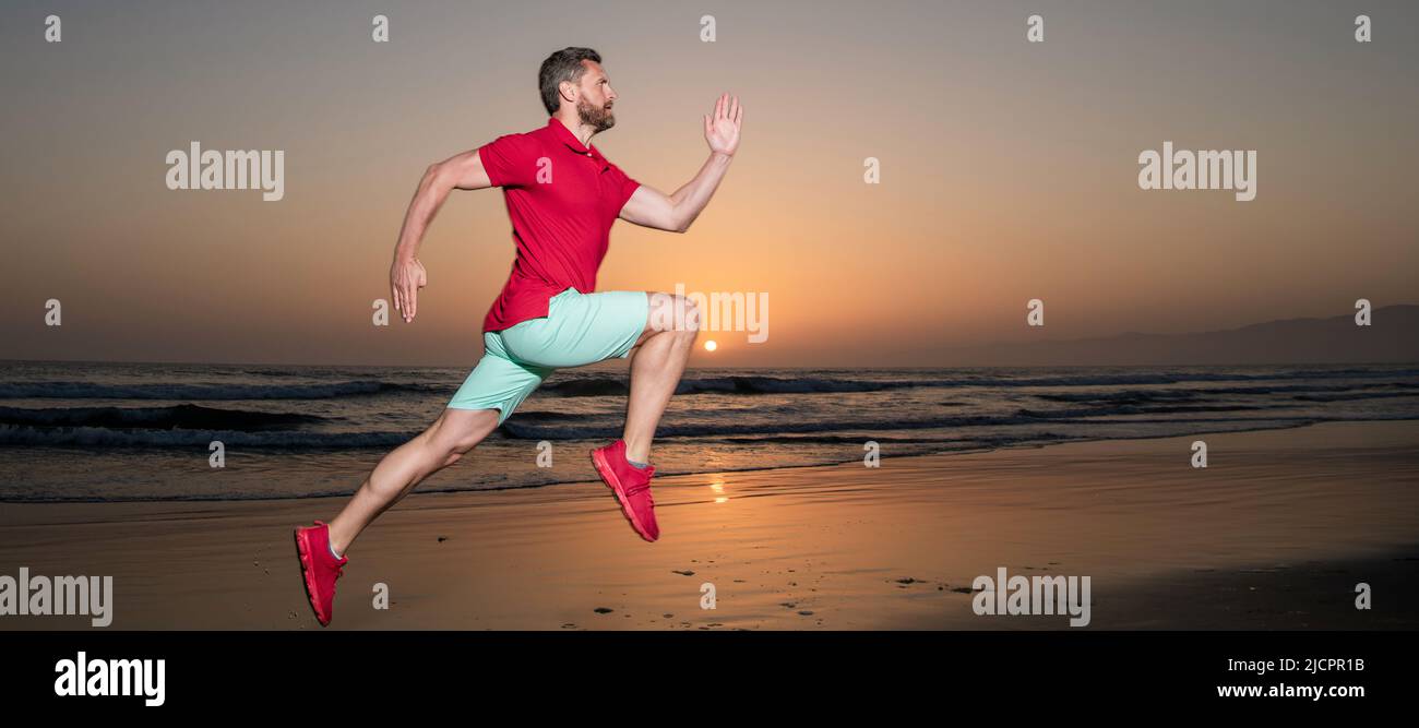 athletic man runner running on sunset summer beach, challenge. Man ...