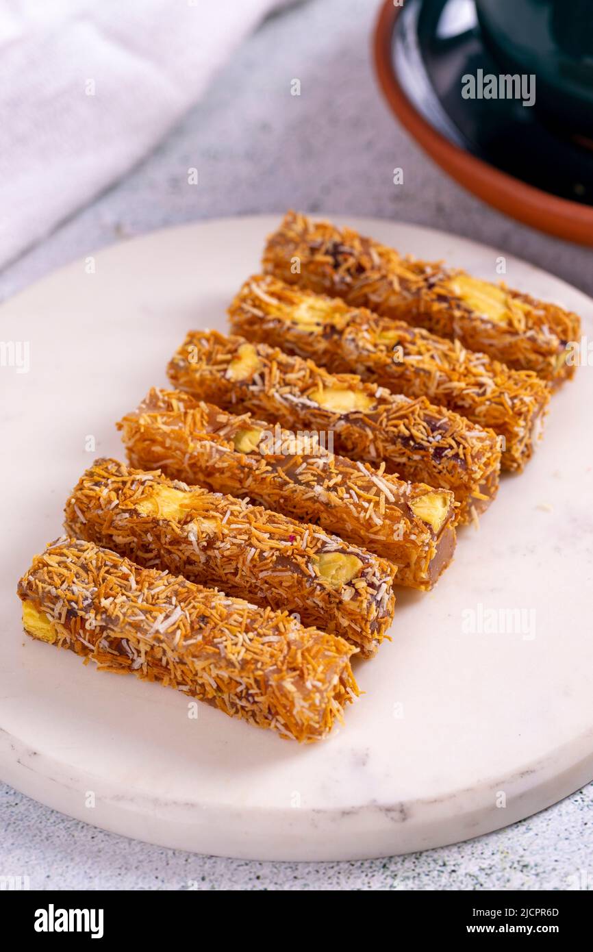 Turkish Delight with Pistachio. Turkish delight with kadayif on a ...