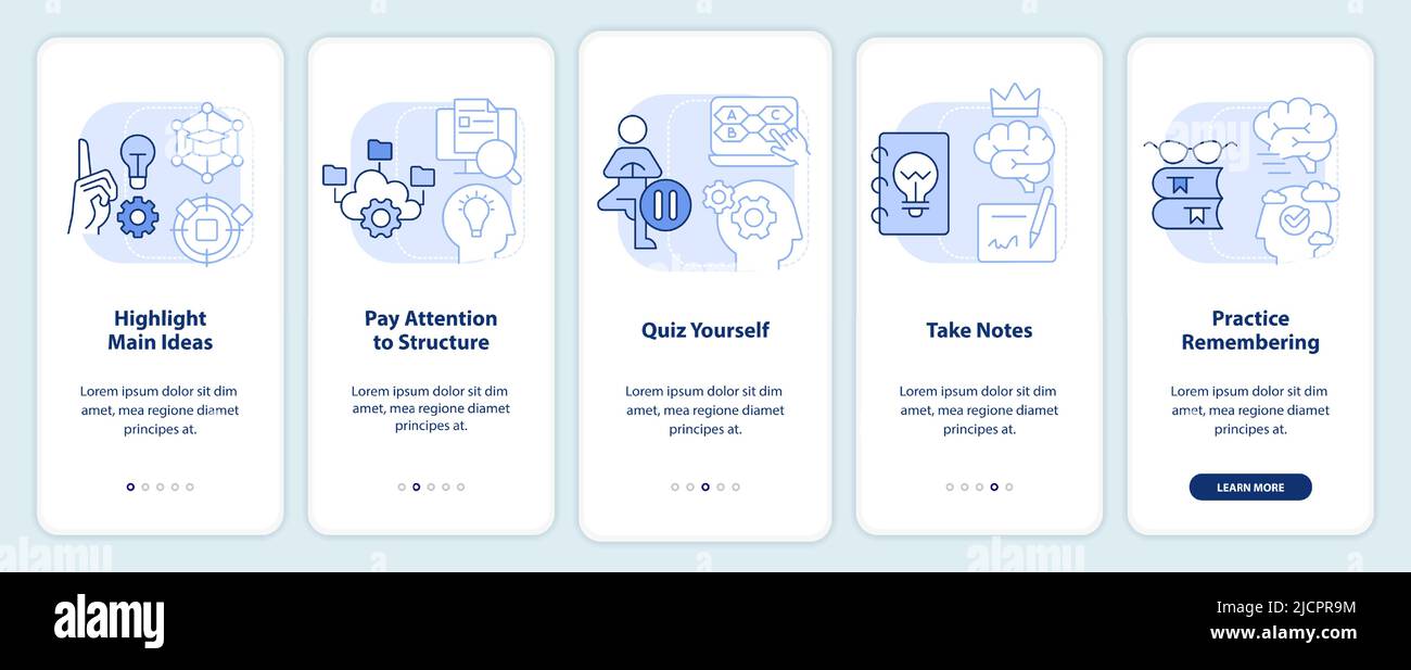 Learning and memorizing techniques light blue onboarding mobile app screen Stock Vector Image ...