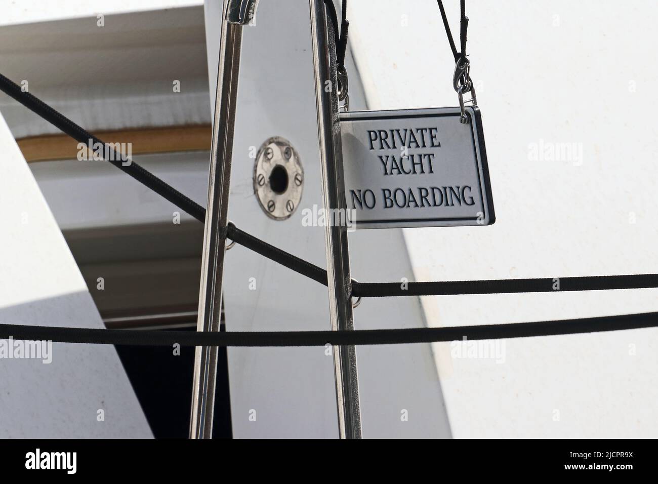 Private Yacht. No boarding sign on gangpland of superyacht, Tarragona ...