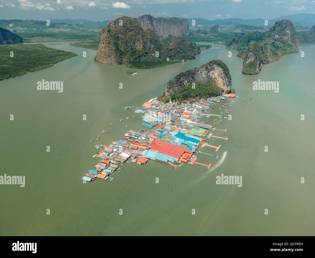 Aerial view of the village of Koh Panyee in Phang Nga bay, Thailand ...
