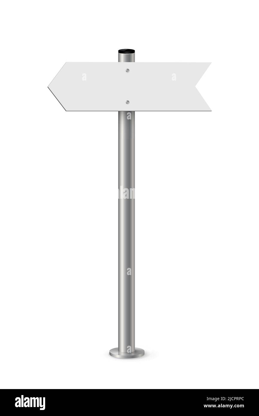 Signpost with blank direction sign on road. Metal pole with white arrow ...