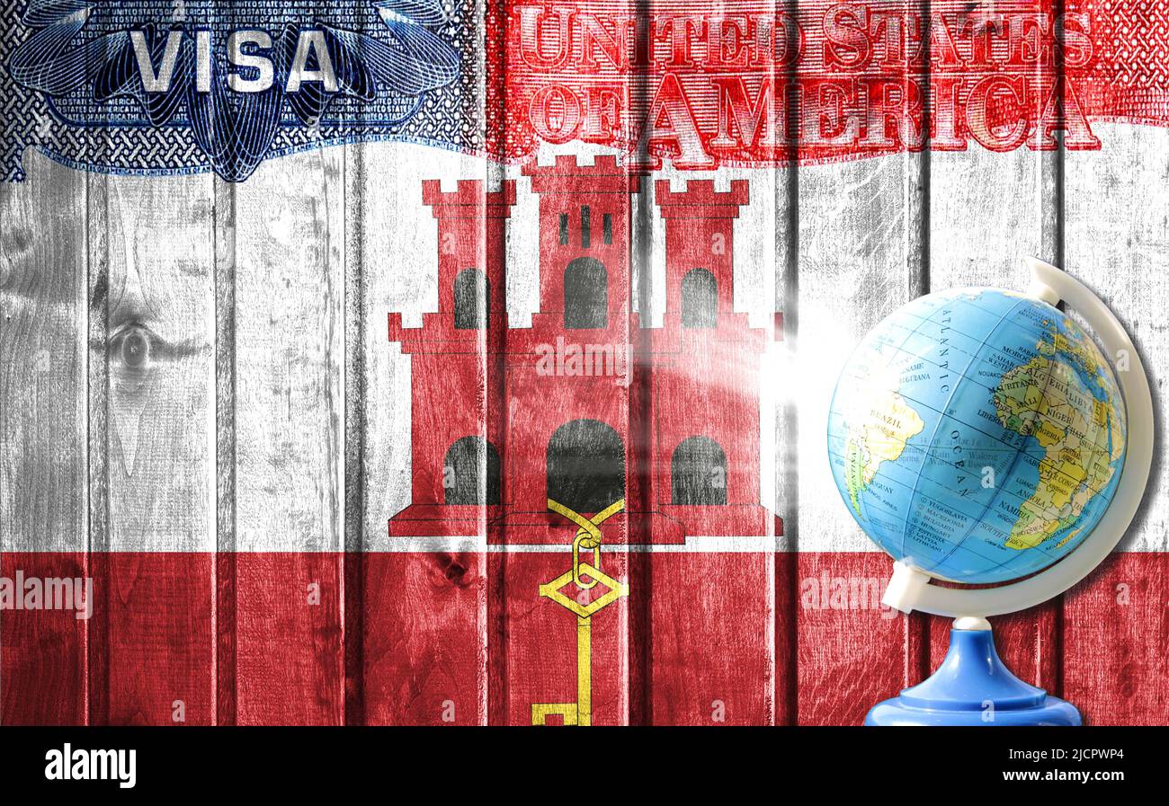 United States of America visa document, flag of Gibraltar and globe in ...