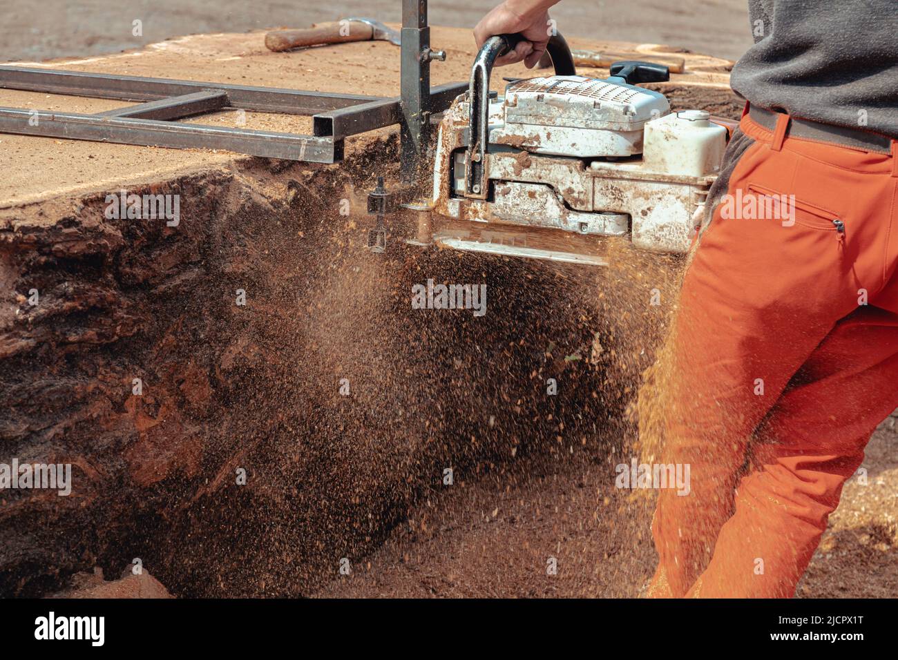 Lumberjack cutting tree trunk with chainsaw to make wooden planks Stock ...