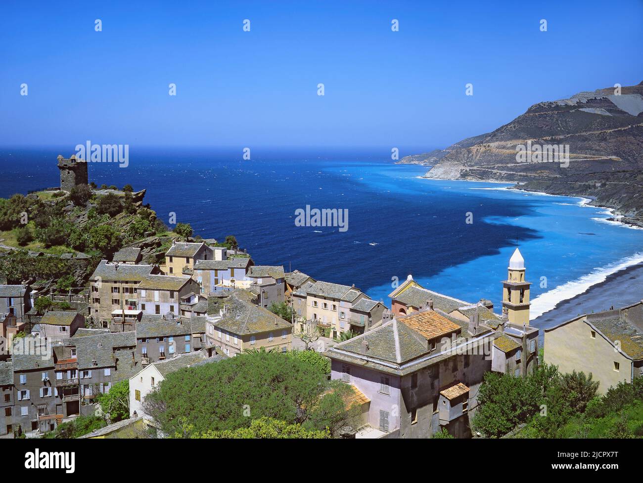 France, Corsica Nonza, Perched village of Cap Corse, Paoline tower ...