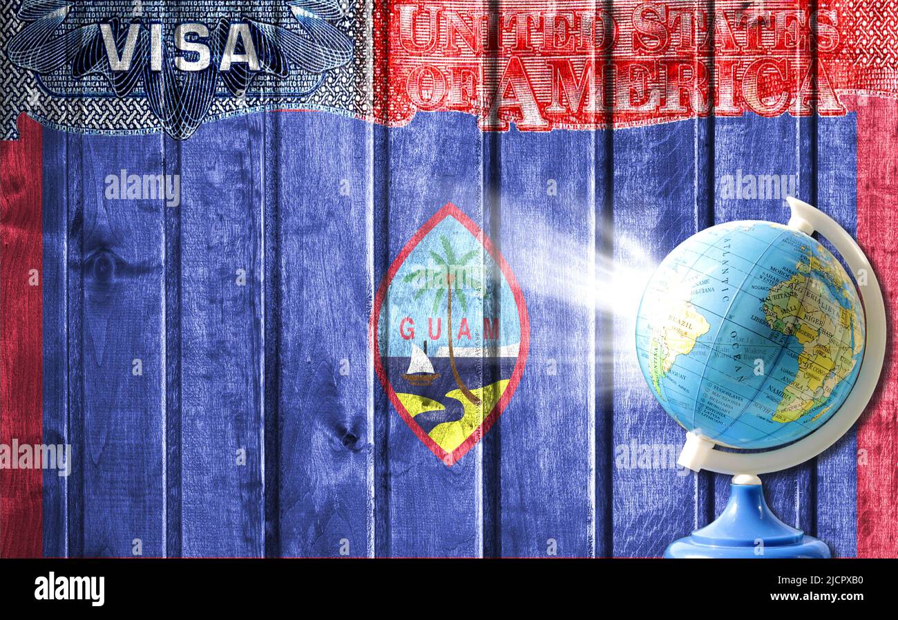 United States of America visa document, flag of Guam and globe in the ...