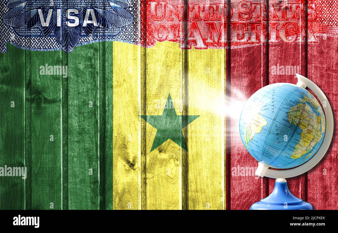 United States of America visa document, flag of Senegal and globe in ...