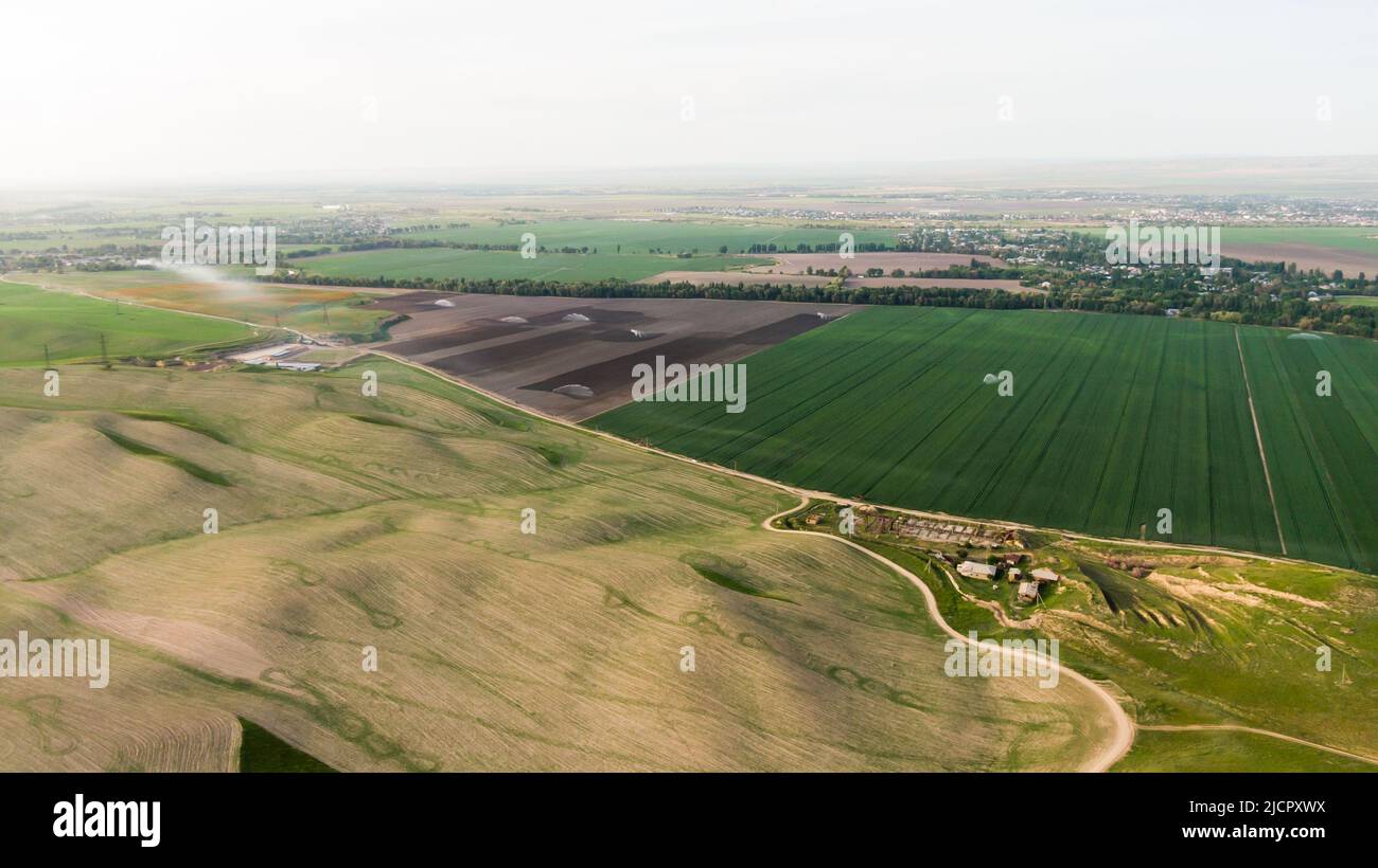 Aerial view of green agriculture fields with growing crops Stock Photo ...