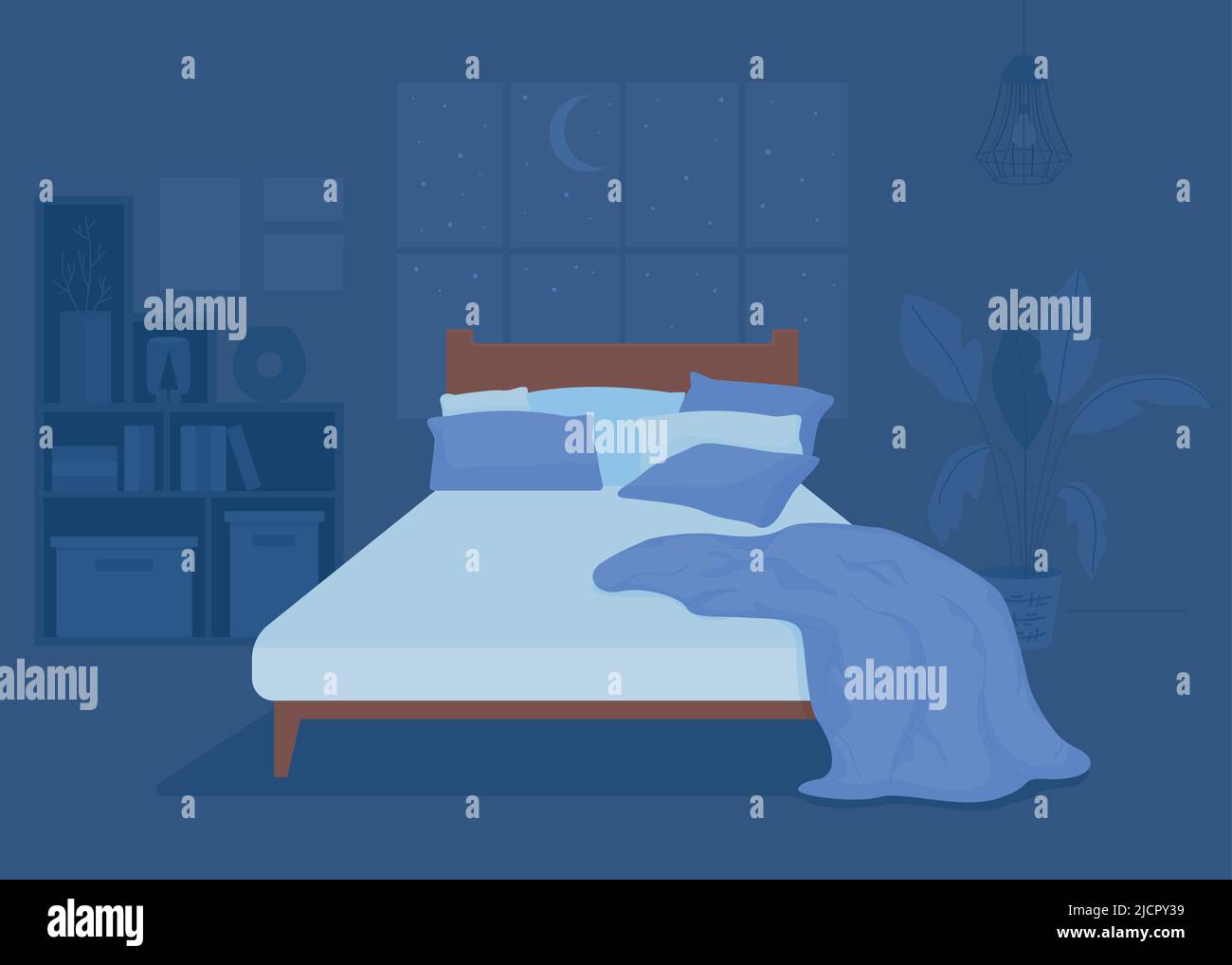 Dark bedroom with unmade bed flat color vector illustration Stock ...