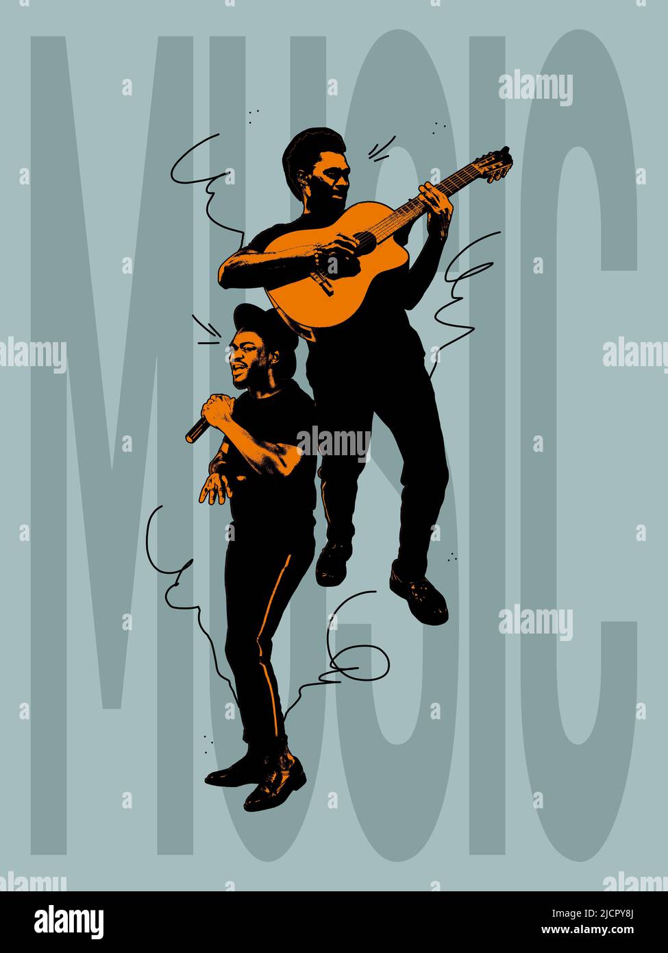 Contemporary art collage. Young musicians performing, singing isolated ...