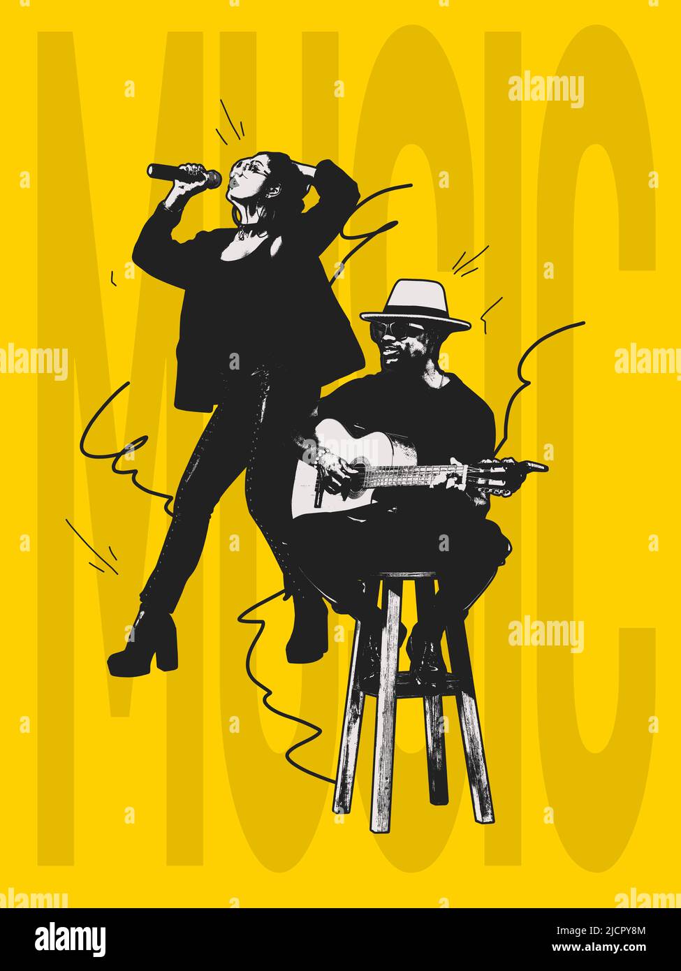 Music festivals. Contemporary art collage. Young musicians performing ...