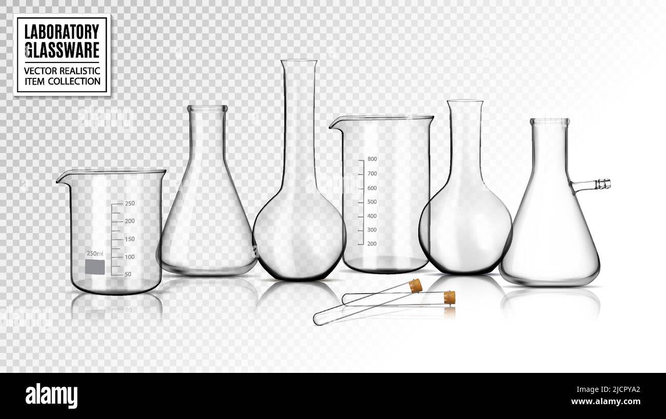 Collection of empty chemical glassware in laboratory isolated on ...