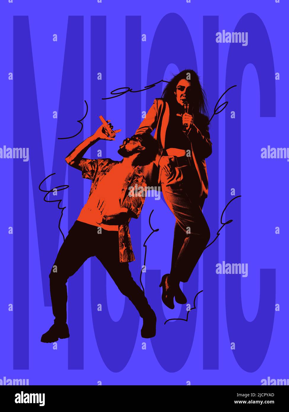 Poster graphics. Contemporary art collage. Young musicians performing ...