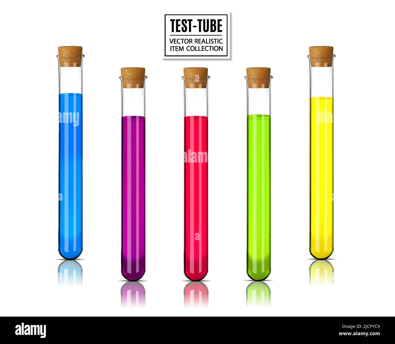 Colored liquids in five test tubes isolated over white background ...