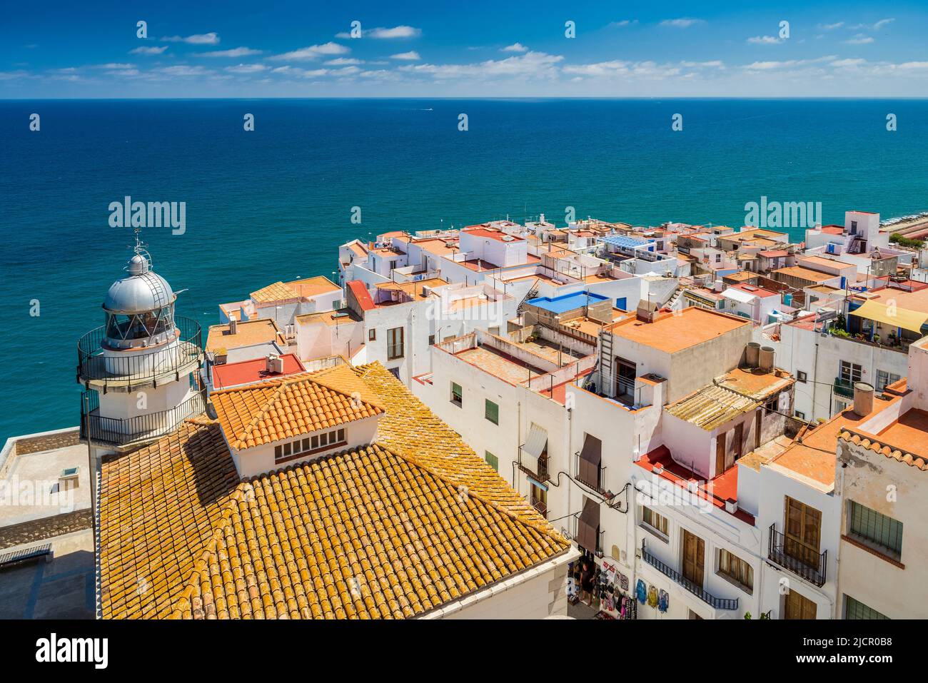 Old town and lighthouse, Peniscola, Valencian Community, Spain Stock ...