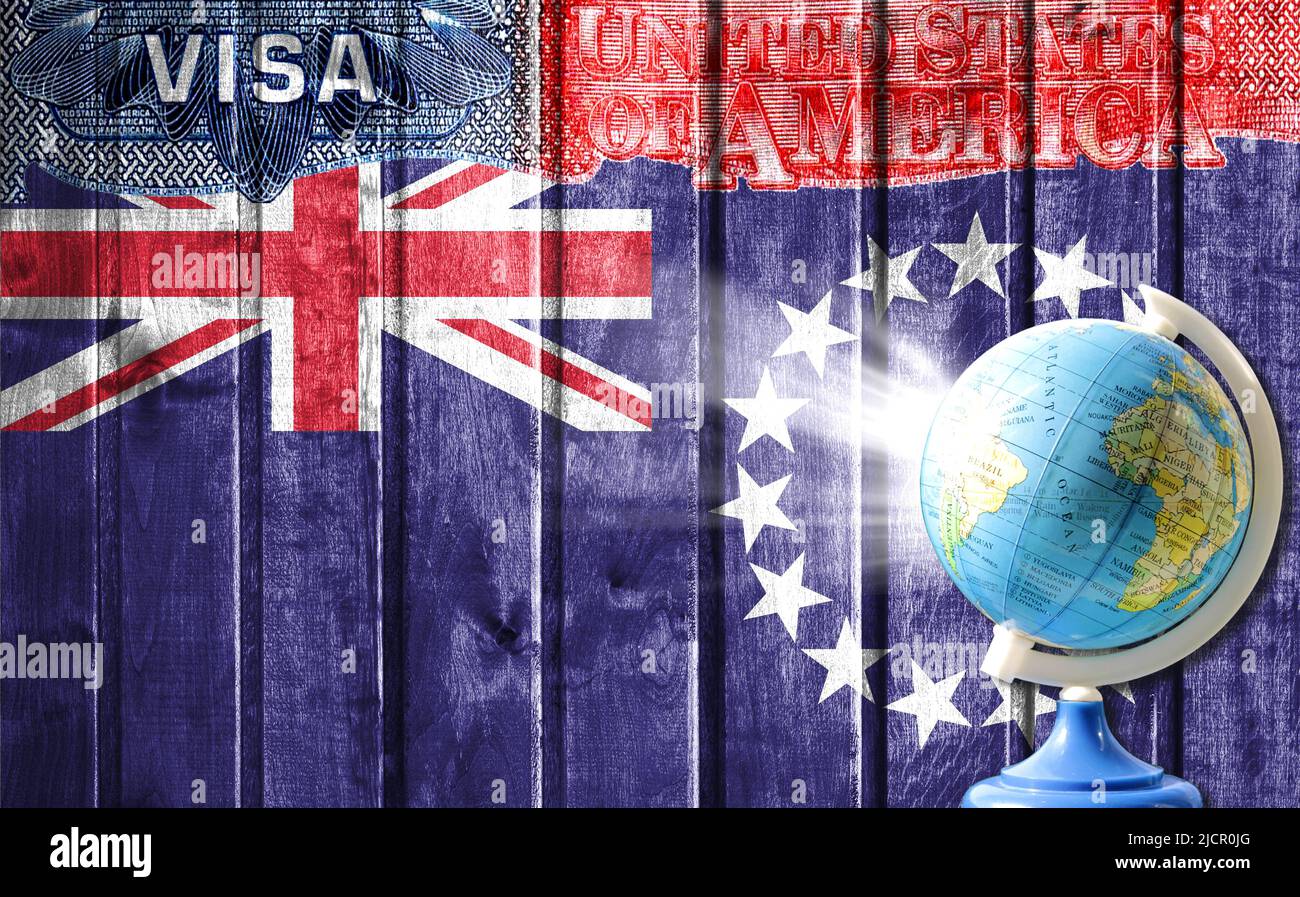 United States of America visa document, flag of Cook Islands and globe ...