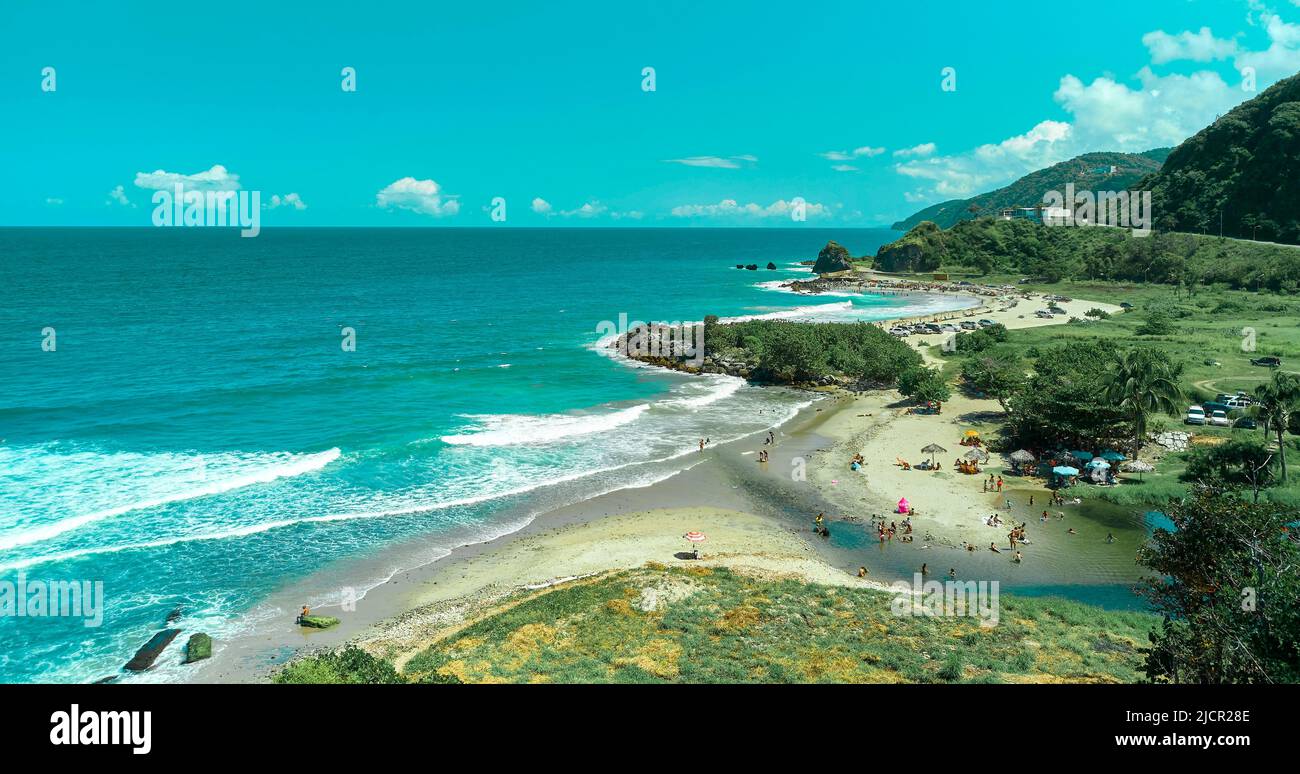 Panoramic aerial view of the beach Los Caracas, La Guaira, coastal road ...
