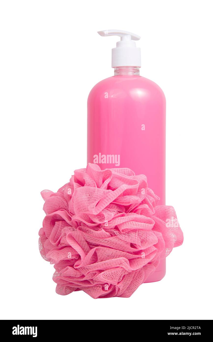 Pink shower gel bottle and sponge for bath isolated on the white ...