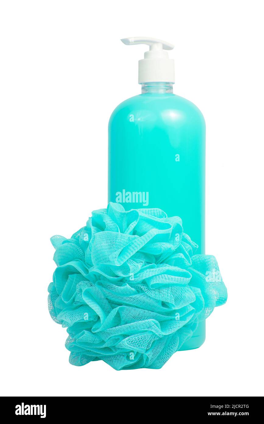 Blue shower gel bottle and sponge for bath isolated on the white ...