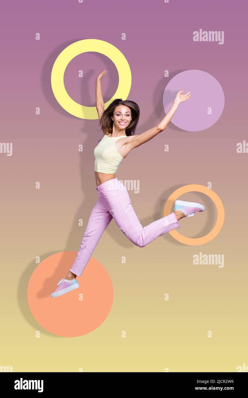 Vertical composite collage portrait of overjoyed person jumping flying ...