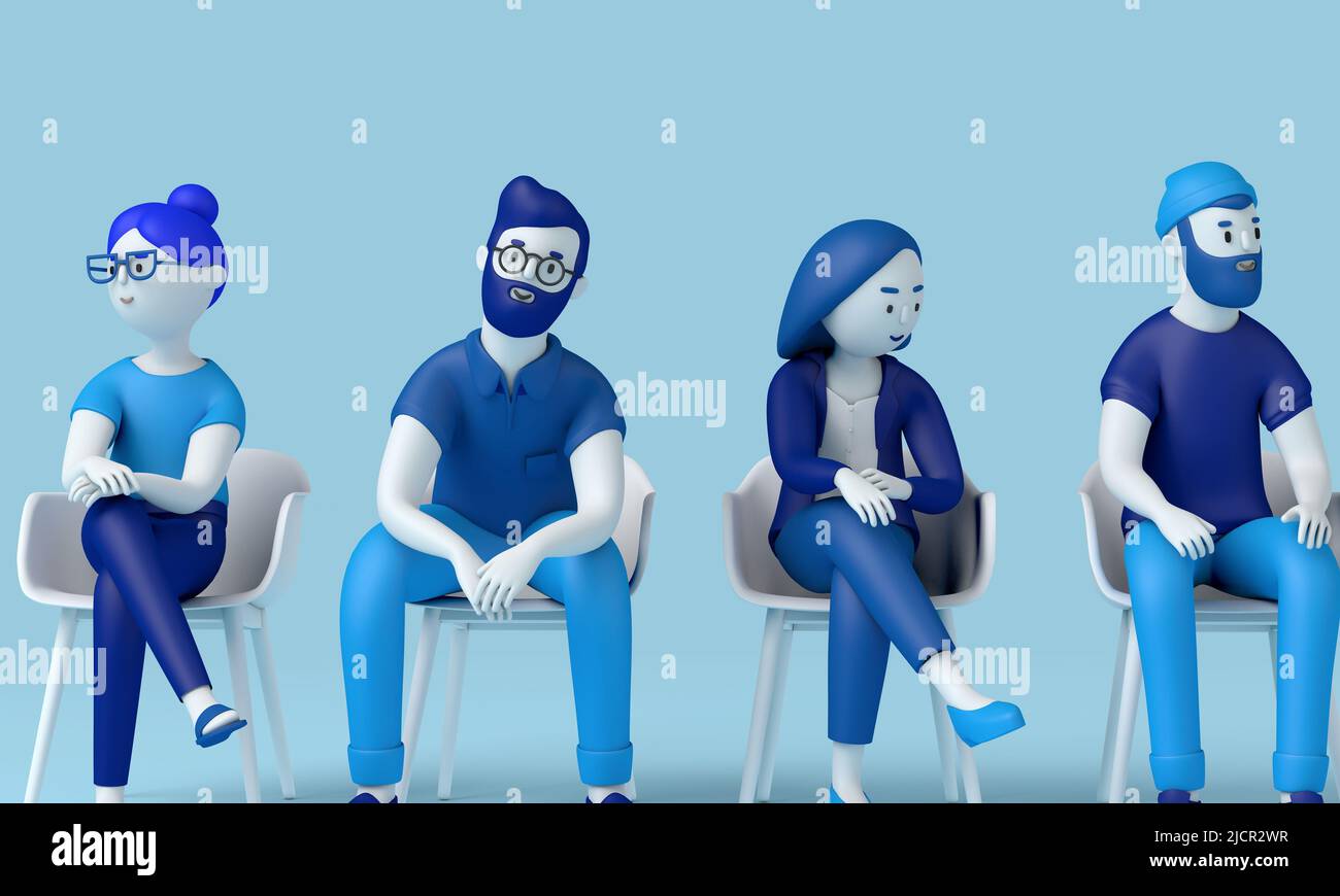 A team of professional people sitting in a line. 3D Rendering Stock ...