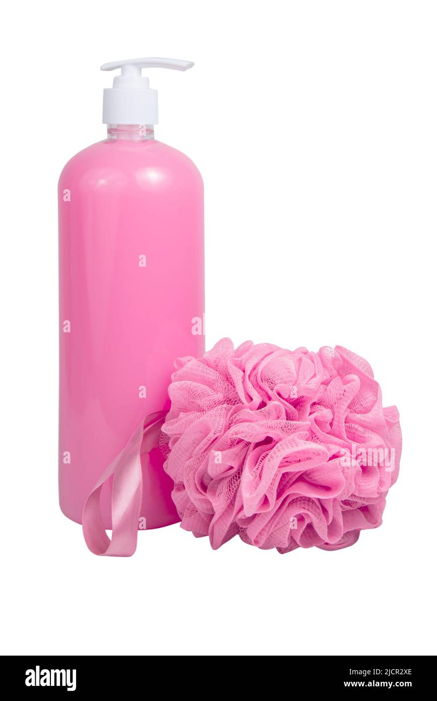 Pink shower gel bottle and sponge for bath isolated on the white ...