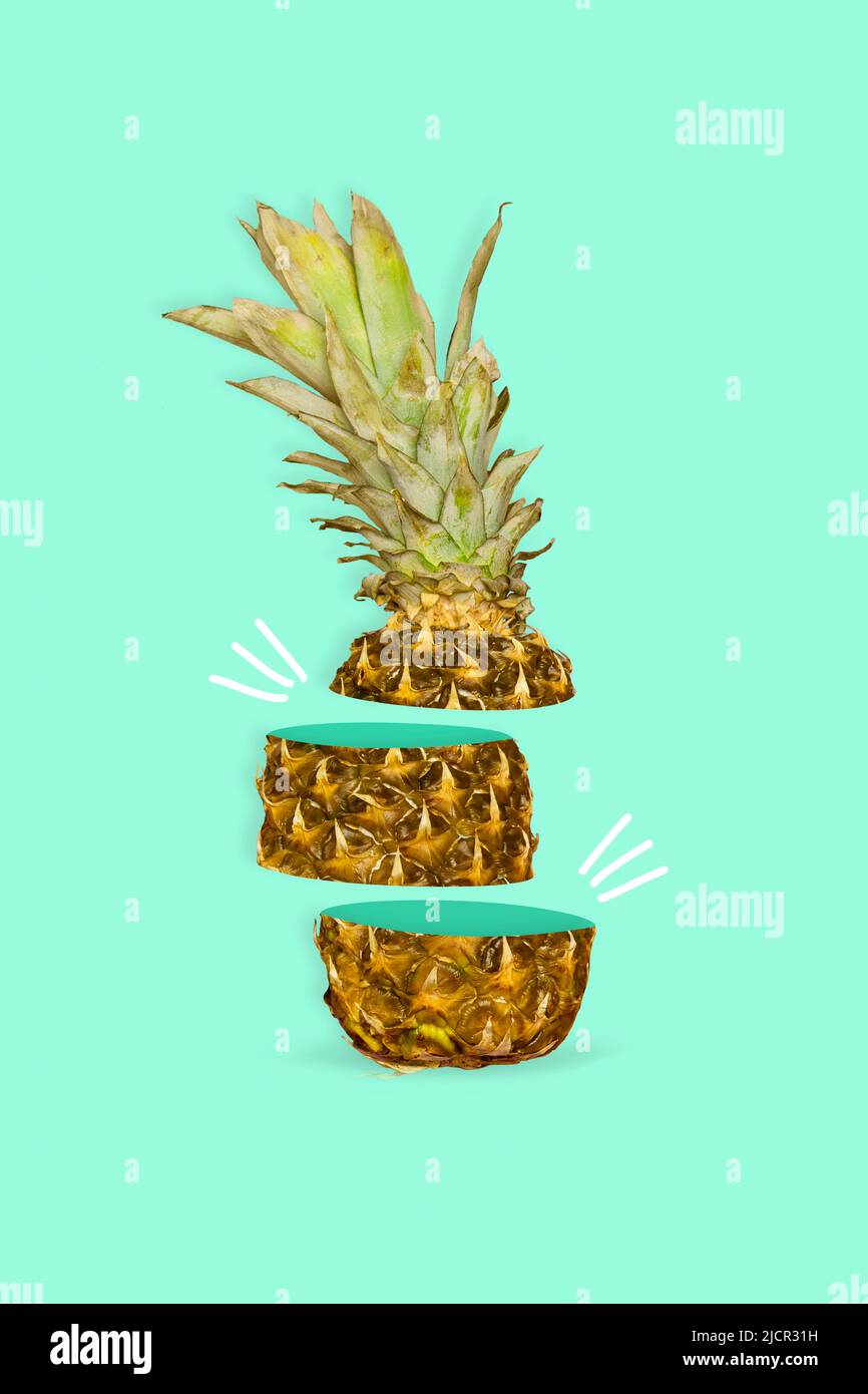 Vertical creative collage picture of three slices cut pineapple ...