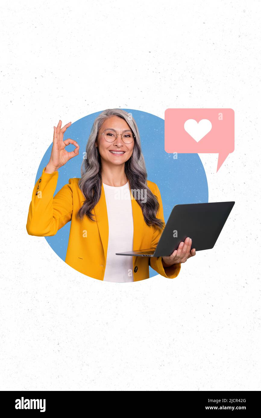 Vertical collage portrait of aged person hold wireless netbook arm ...