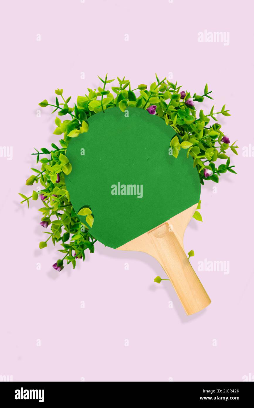 Creative graphics collage of table tennis racket with green foliage ...