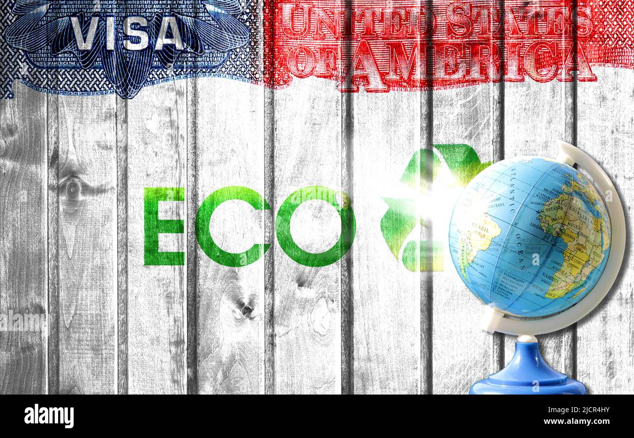 United States of America visa document, flag of Green eco recycling ...