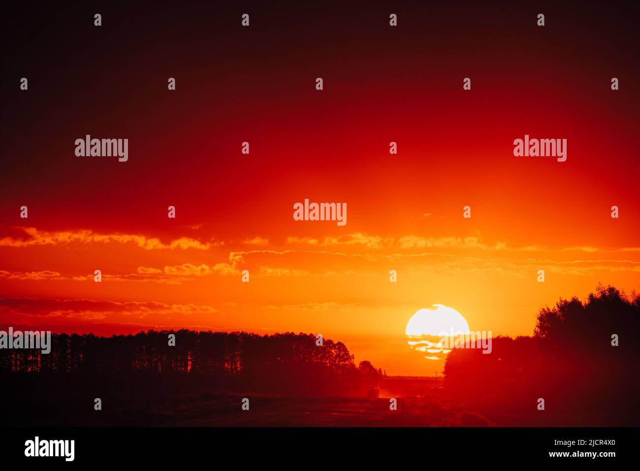 Big Sun in Vivid Beautiful Sunset Sunshine Above Summer Landscape ...