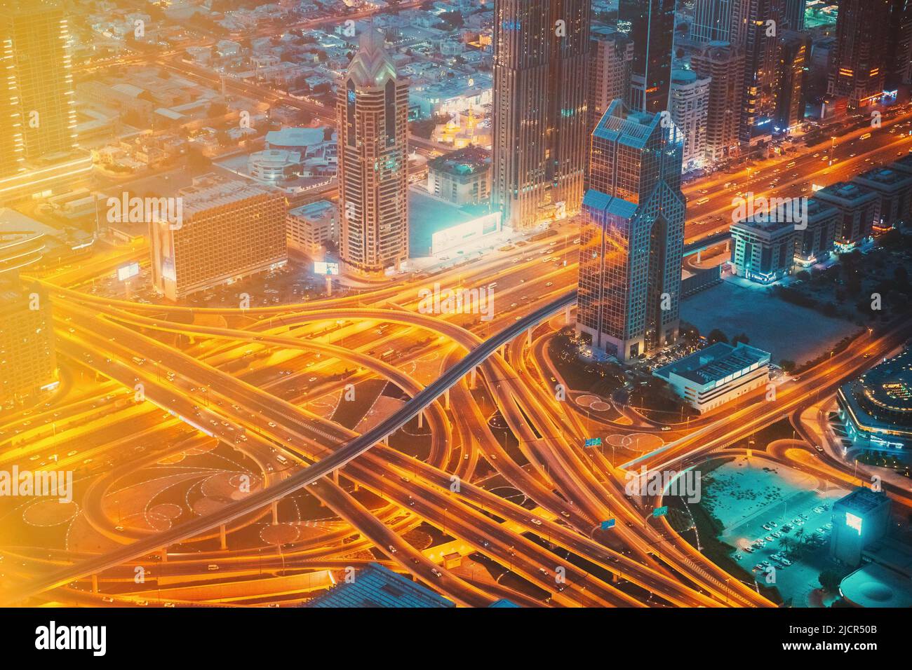 Aerial View Of Evening Night Traffic Of Dubai. City Street Night Yellow Illumination Of ...
